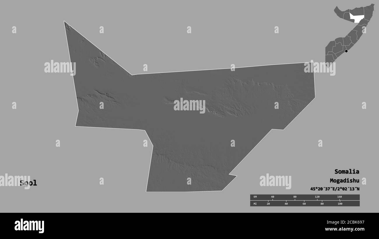 Shape of Sool, region of Somalia, with its capital isolated on solid ...