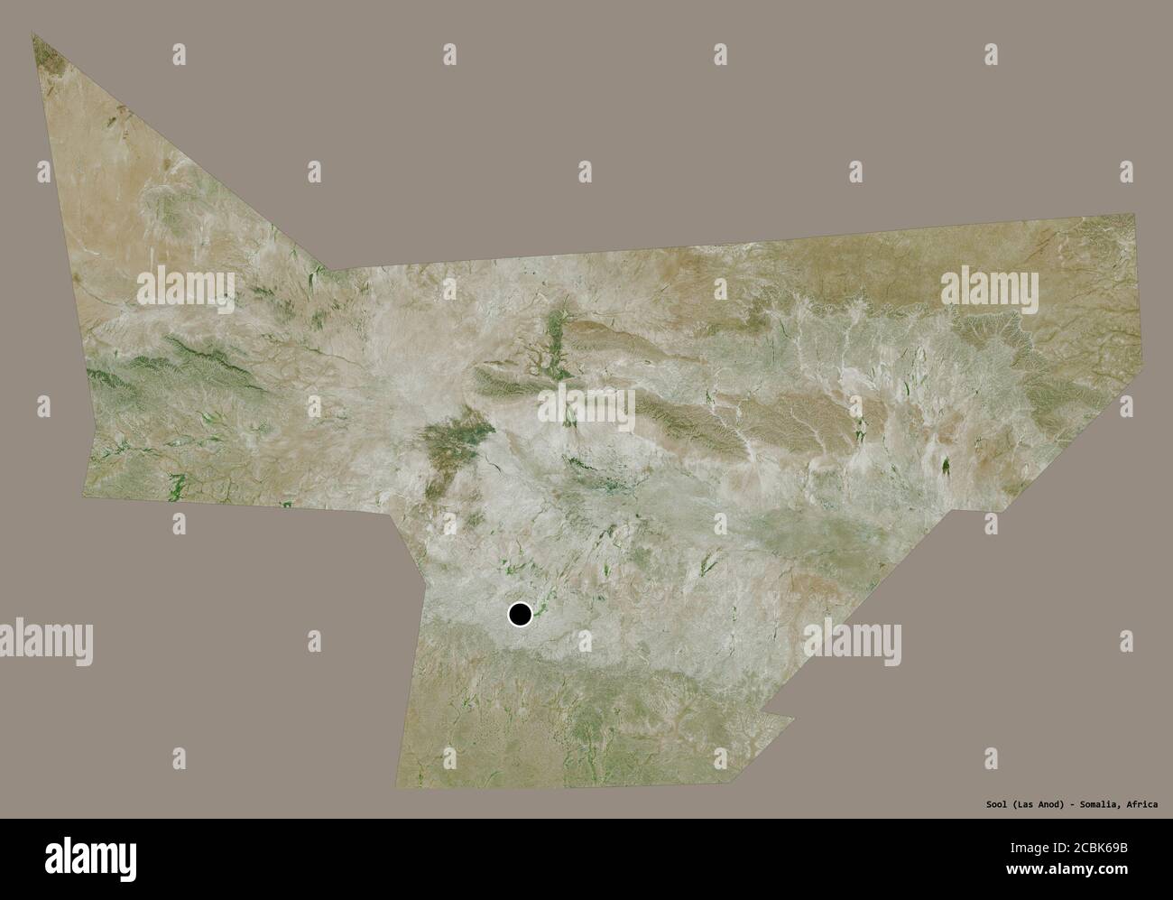 Shape of Sool, region of Somalia, with its capital isolated on a solid ...