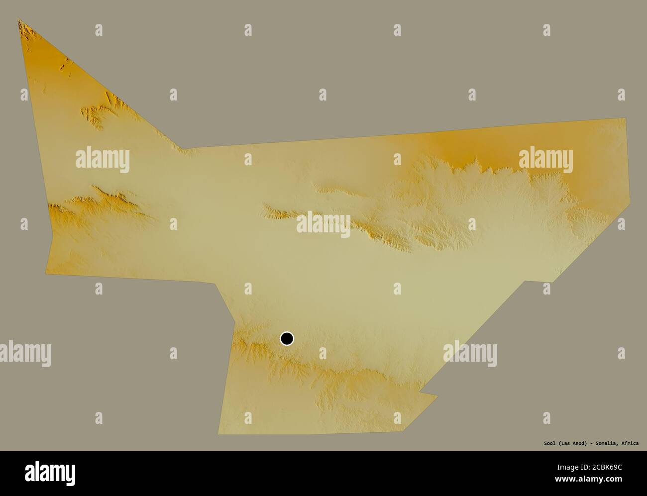 Shape of Sool, region of Somalia, with its capital isolated on a solid ...