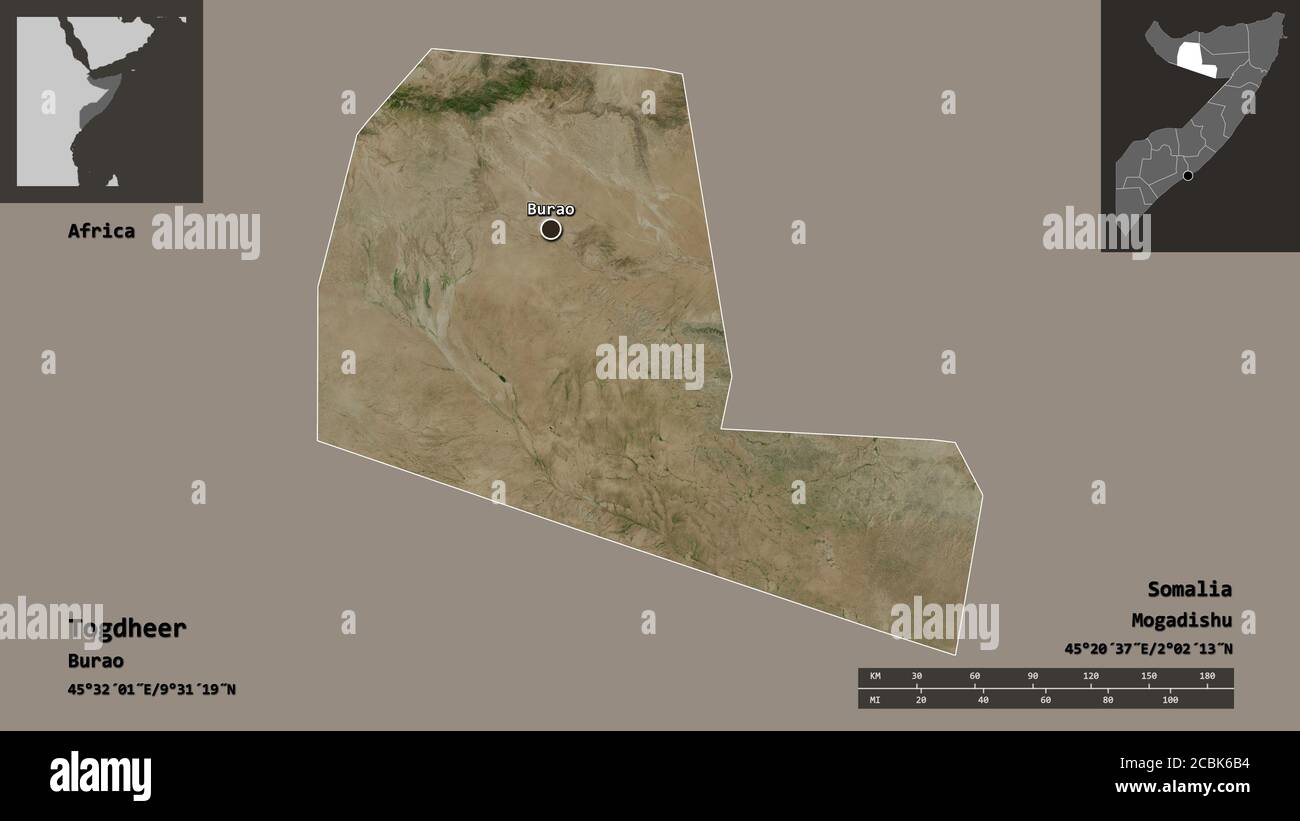 Shape of Togdheer, region of Somalia, and its capital. Distance scale ...