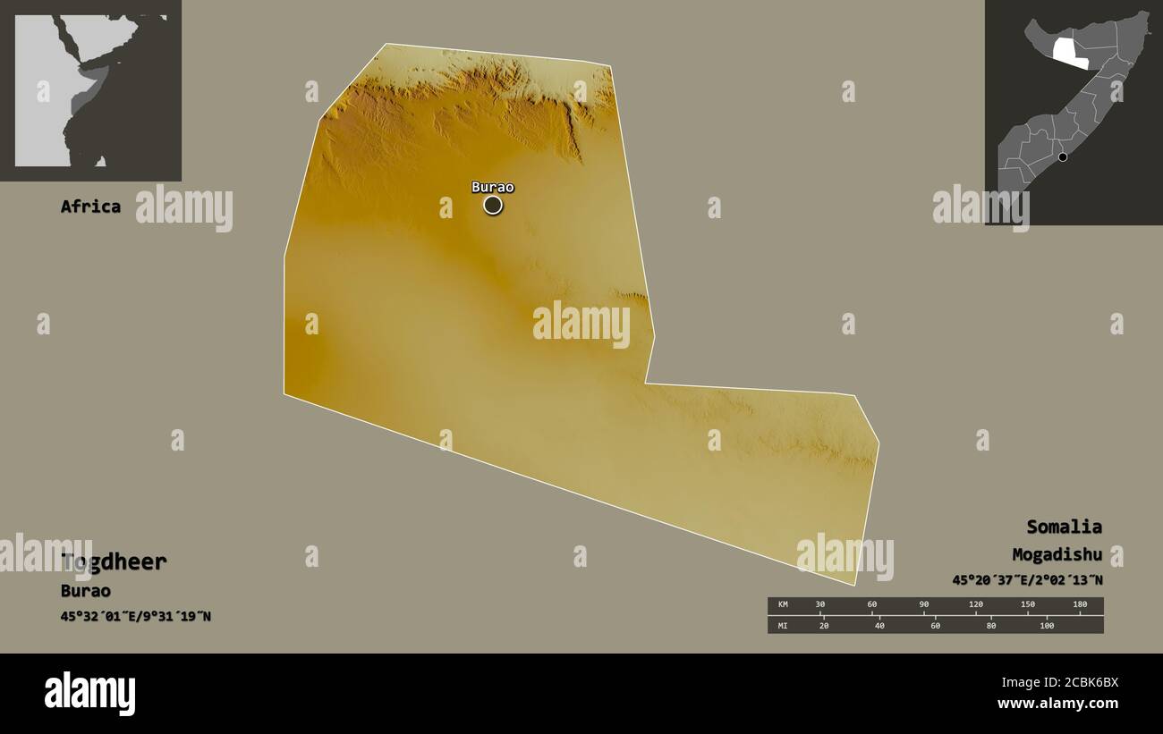 Shape of Togdheer, region of Somalia, and its capital. Distance scale ...