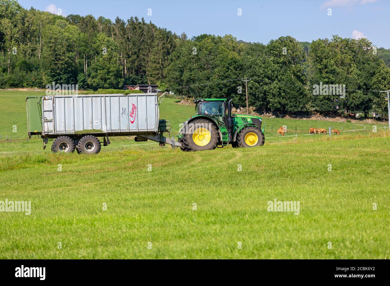 BAVARIA/ GERMANY - AUGUST 07,2020: John Deere 6175R tractor drives with ...