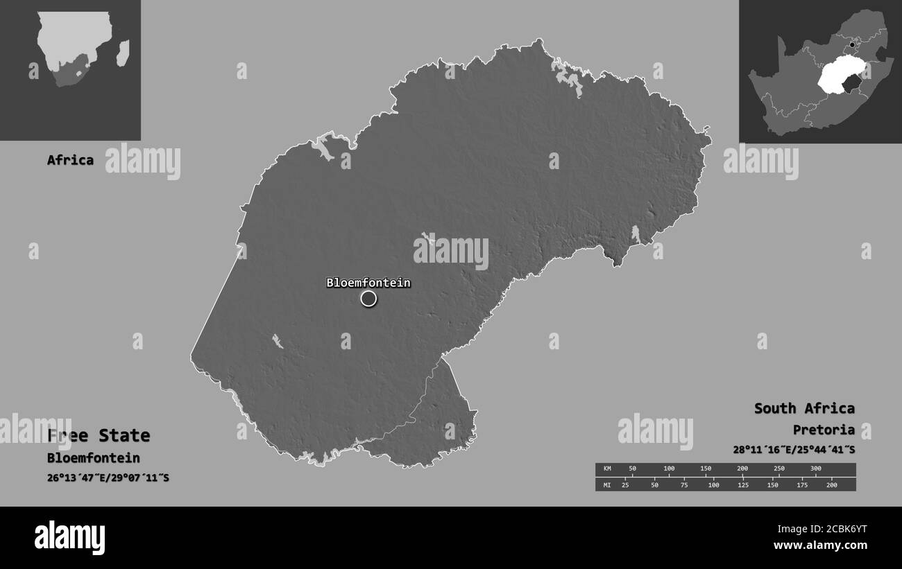 Shape of Free State, province of South Africa, and its capital ...