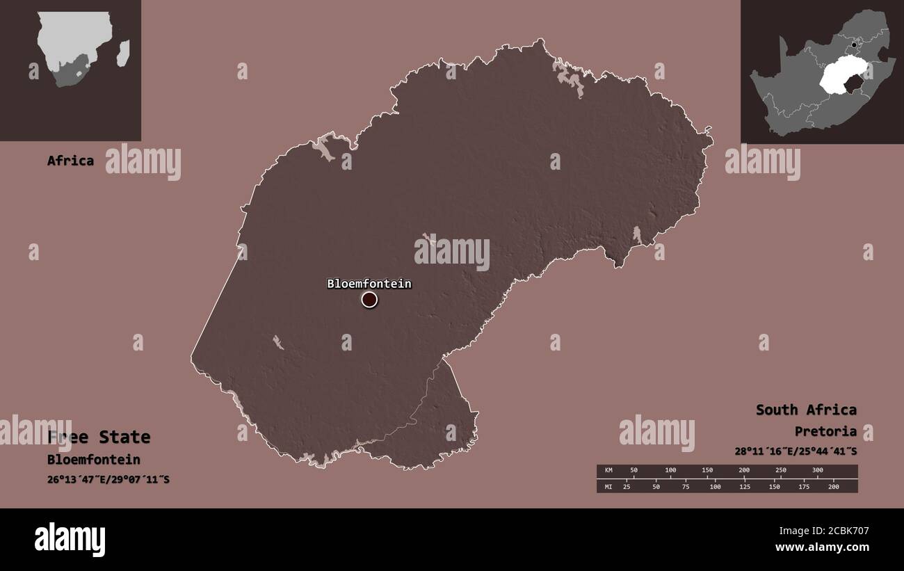 Shape of Free State, province of South Africa, and its capital ...