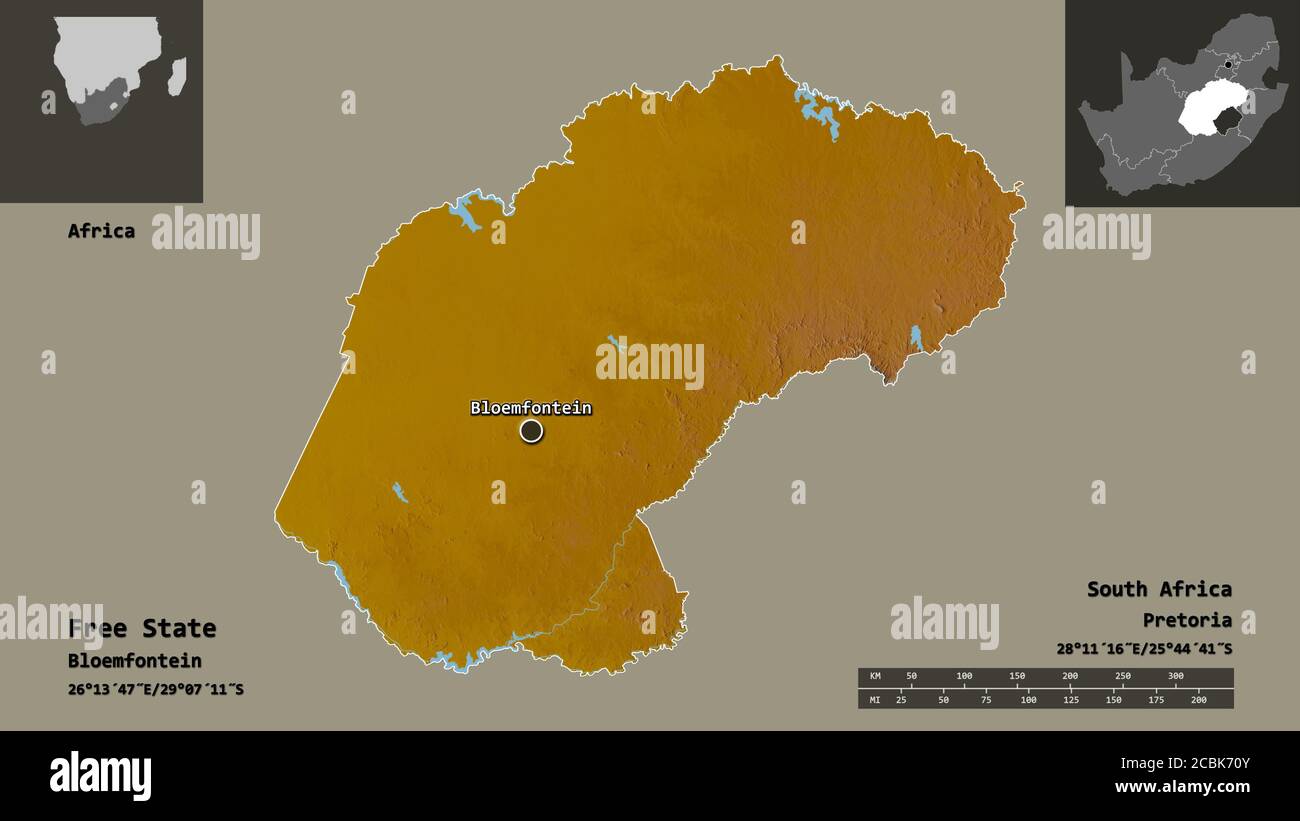 Shape of Free State, province of South Africa, and its capital ...