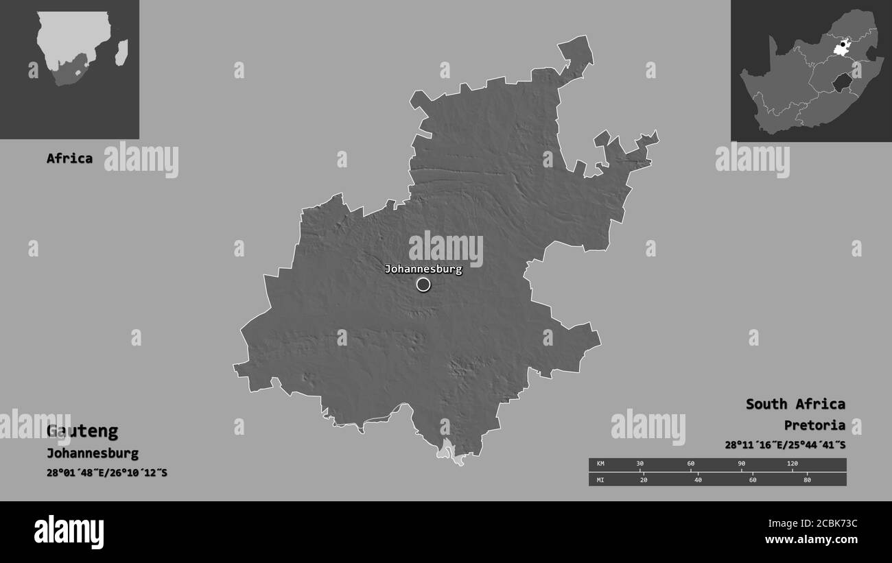 Shape of Gauteng, province of South Africa, and its capital. Distance ...