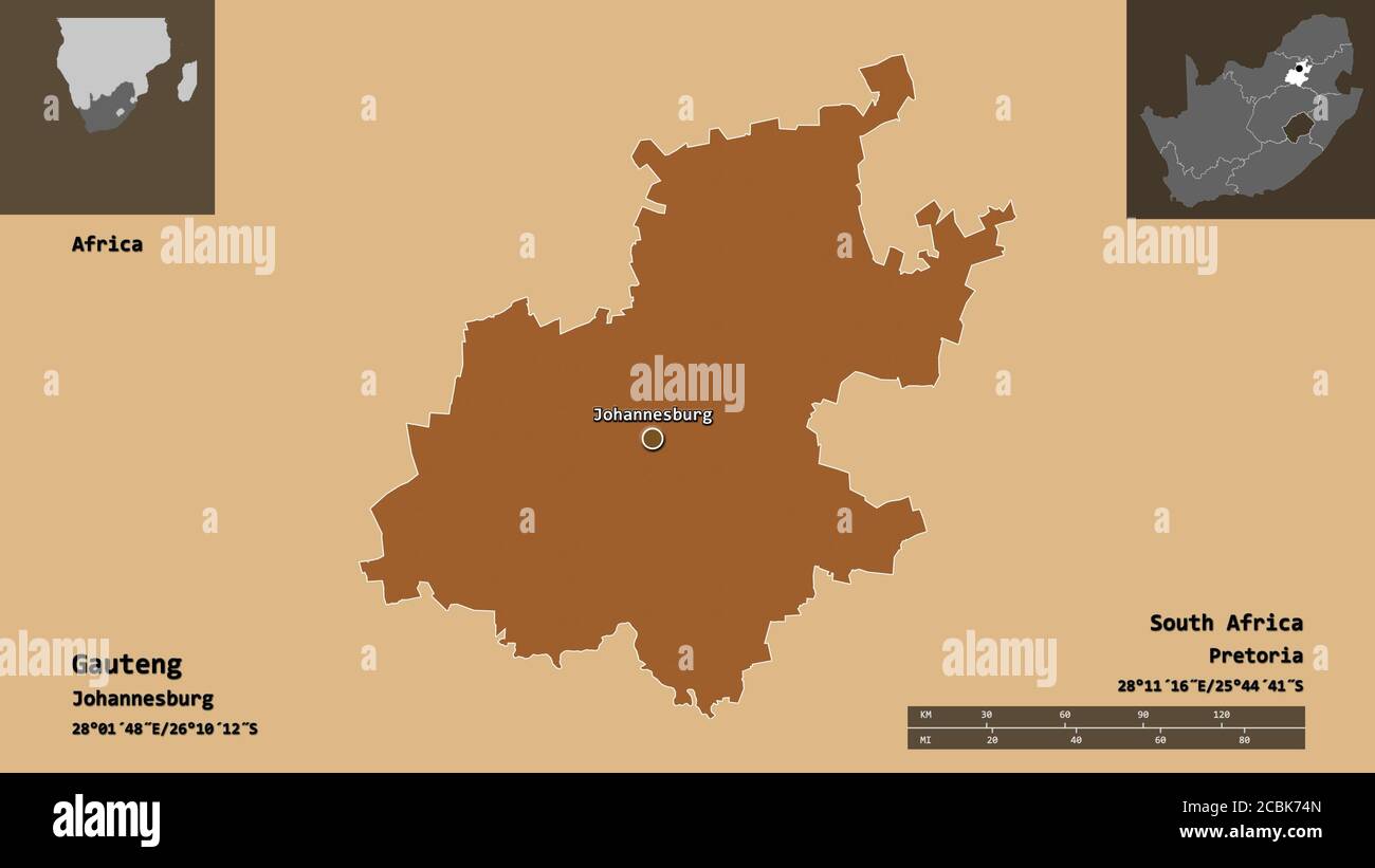 Shape of Gauteng, province of South Africa, and its capital. Distance ...