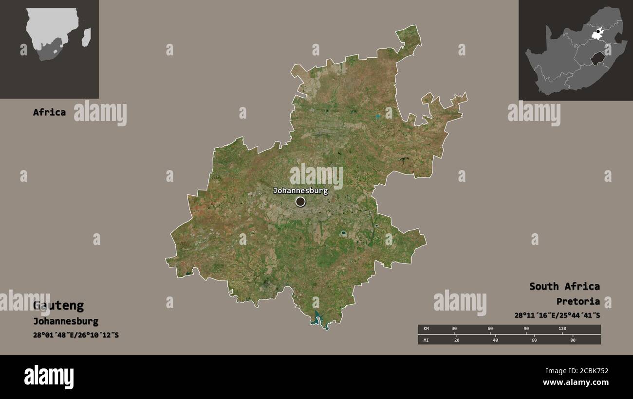 Shape of Gauteng, province of South Africa, and its capital. Distance ...