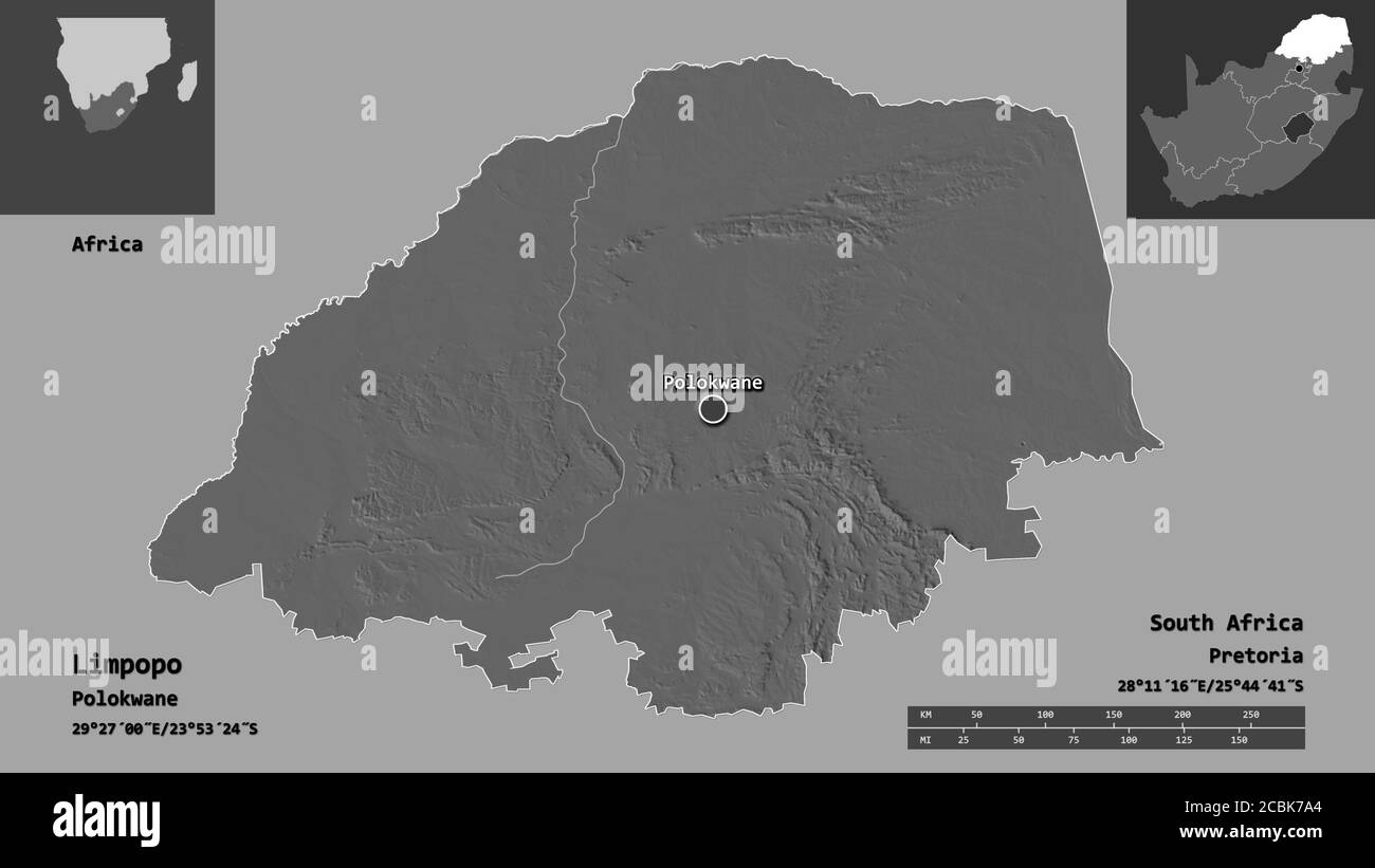 Shape of Limpopo, province of South Africa, and its capital. Distance ...
