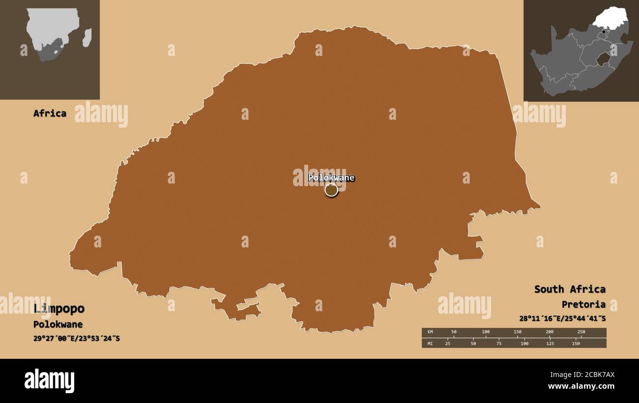 Shape of Limpopo, province of South Africa, and its capital. Distance ...