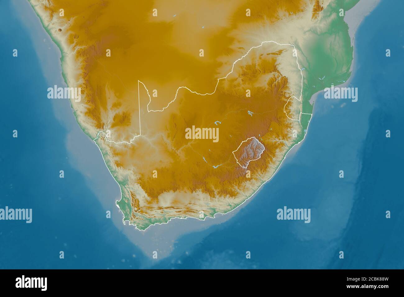 Extended area of outlined South Africa. Topographic relief map. 3D ...