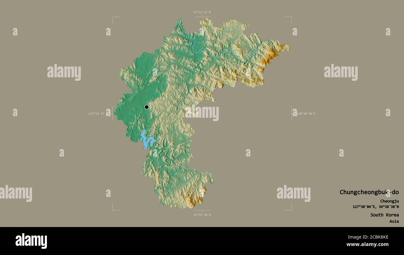 Area of Chungcheongbuk-do, province of South Korea, isolated on a solid ...