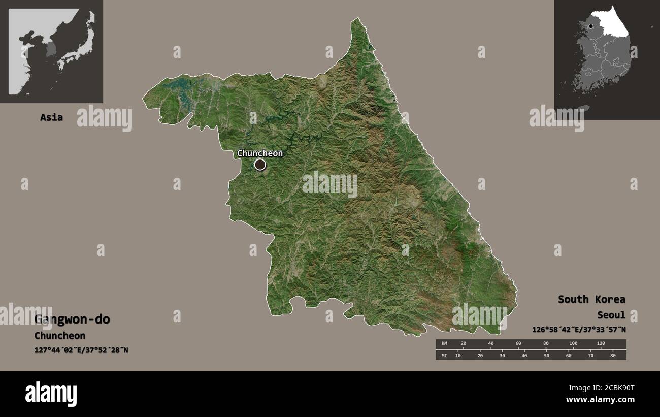 Shape of Gangwon-do, province of South Korea, and its capital. Distance ...
