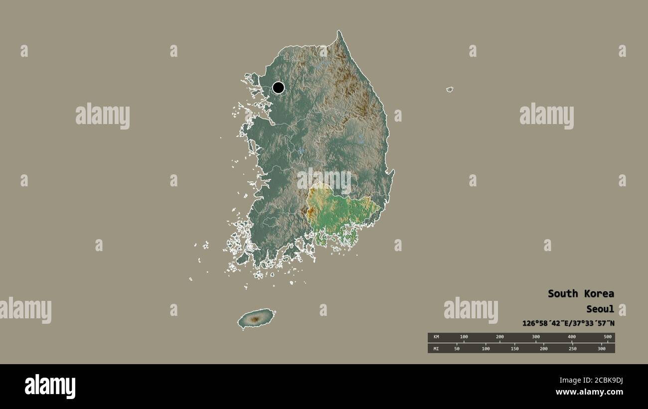 Desaturated shape of South Korea with its capital, main regional ...