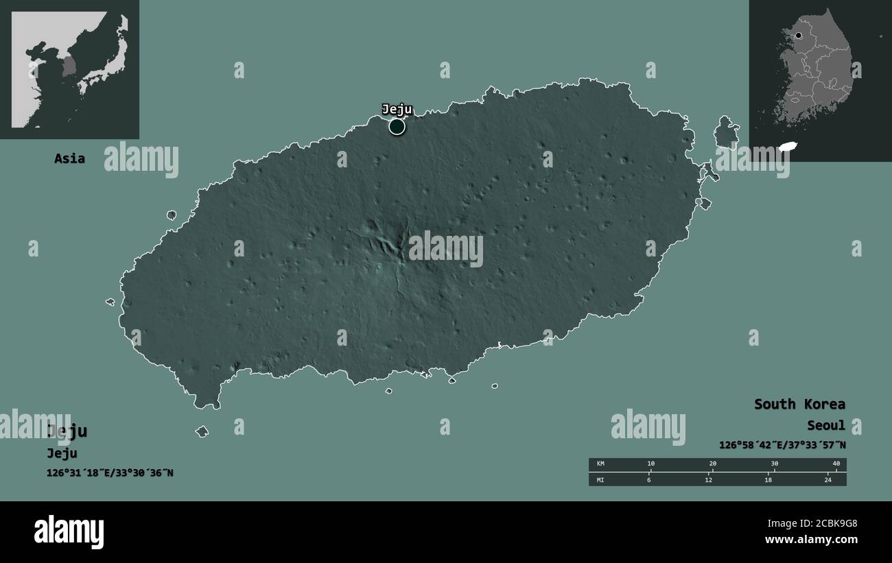Shape of Jeju, province of South Korea, and its capital. Distance scale ...