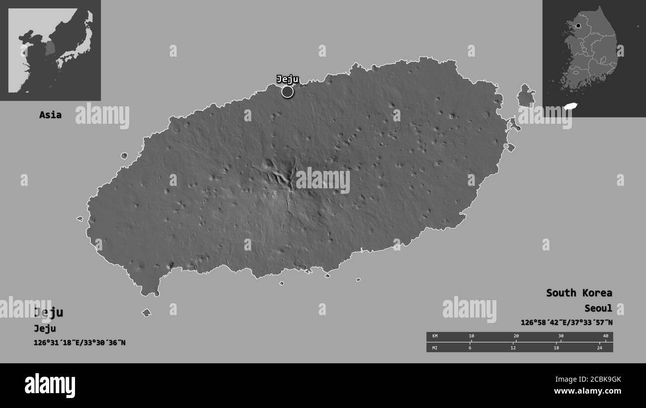 Shape of Jeju, province of South Korea, and its capital. Distance scale ...