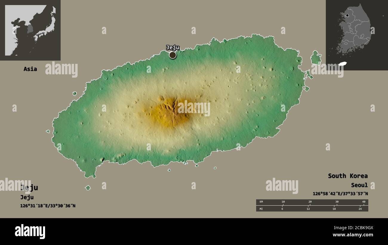 Shape of Jeju, province of South Korea, and its capital. Distance scale ...