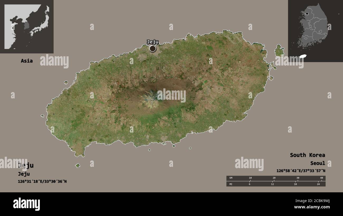 Shape of Jeju, province of South Korea, and its capital. Distance scale ...