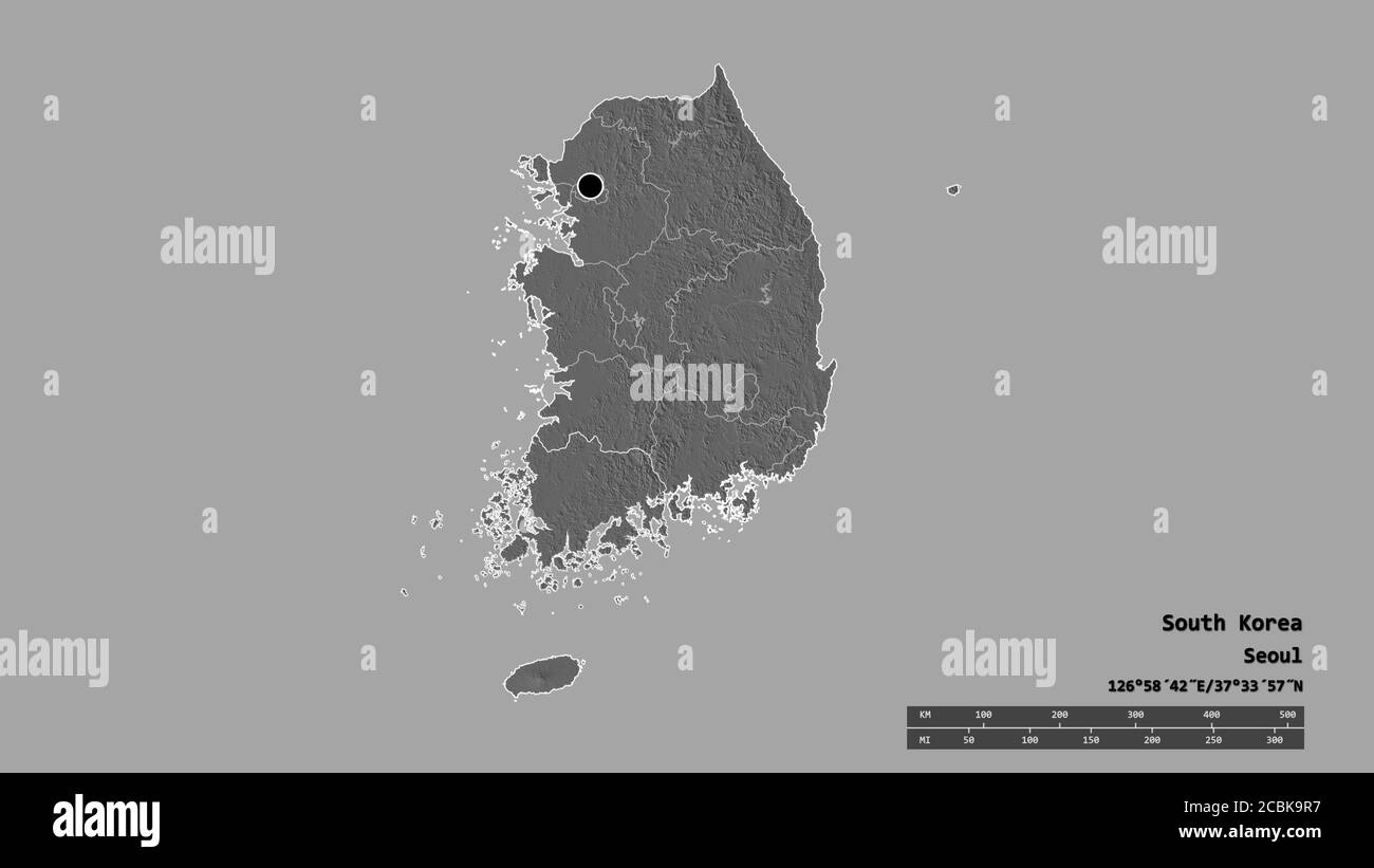 Desaturated shape of South Korea with its capital, main regional ...