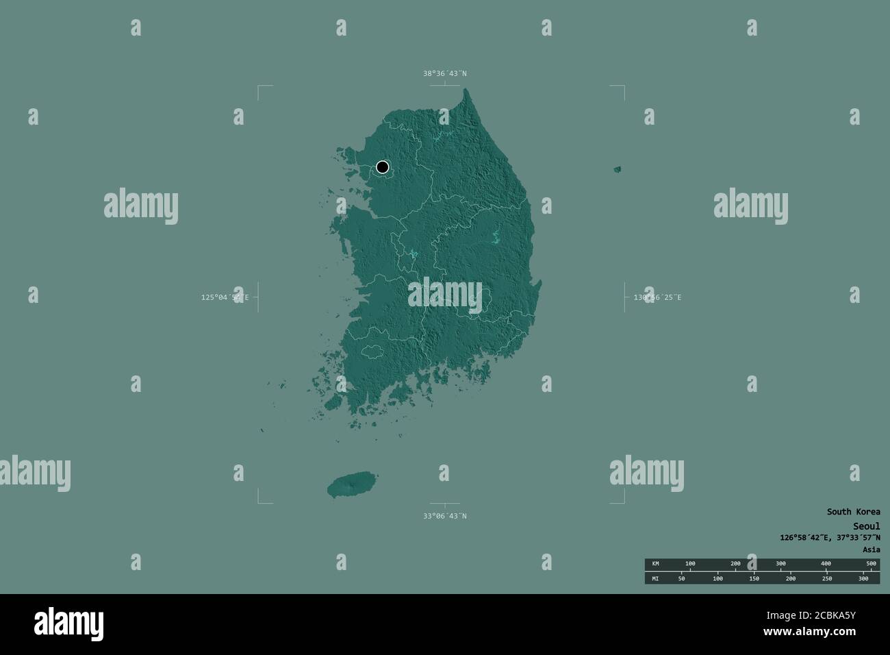 Area of South Korea isolated on a solid background in a georeferenced ...