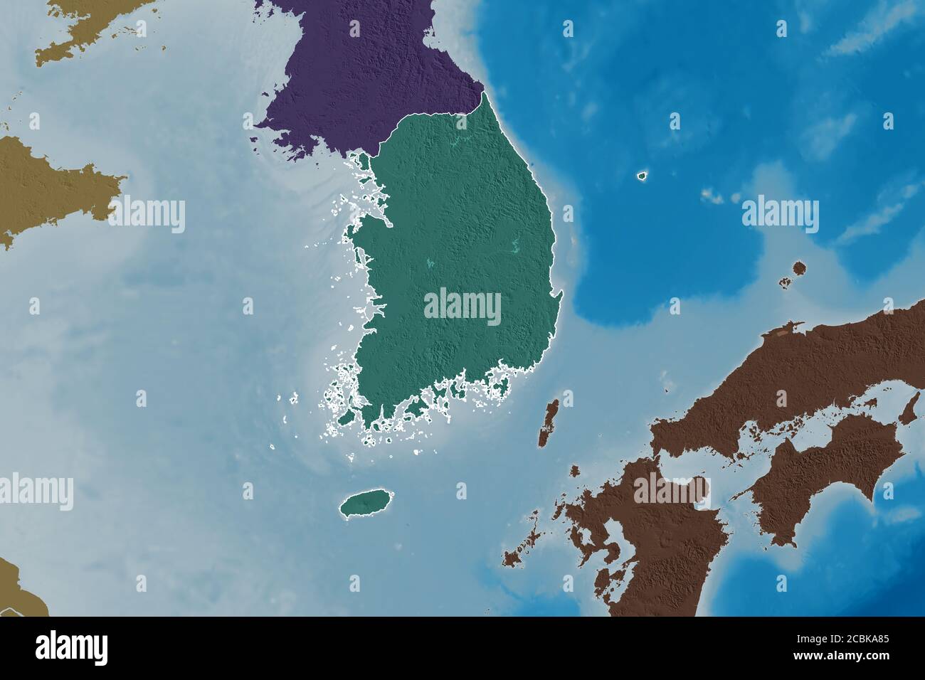 Extended area of outlined South Korea. Colored elevation map. 3D ...