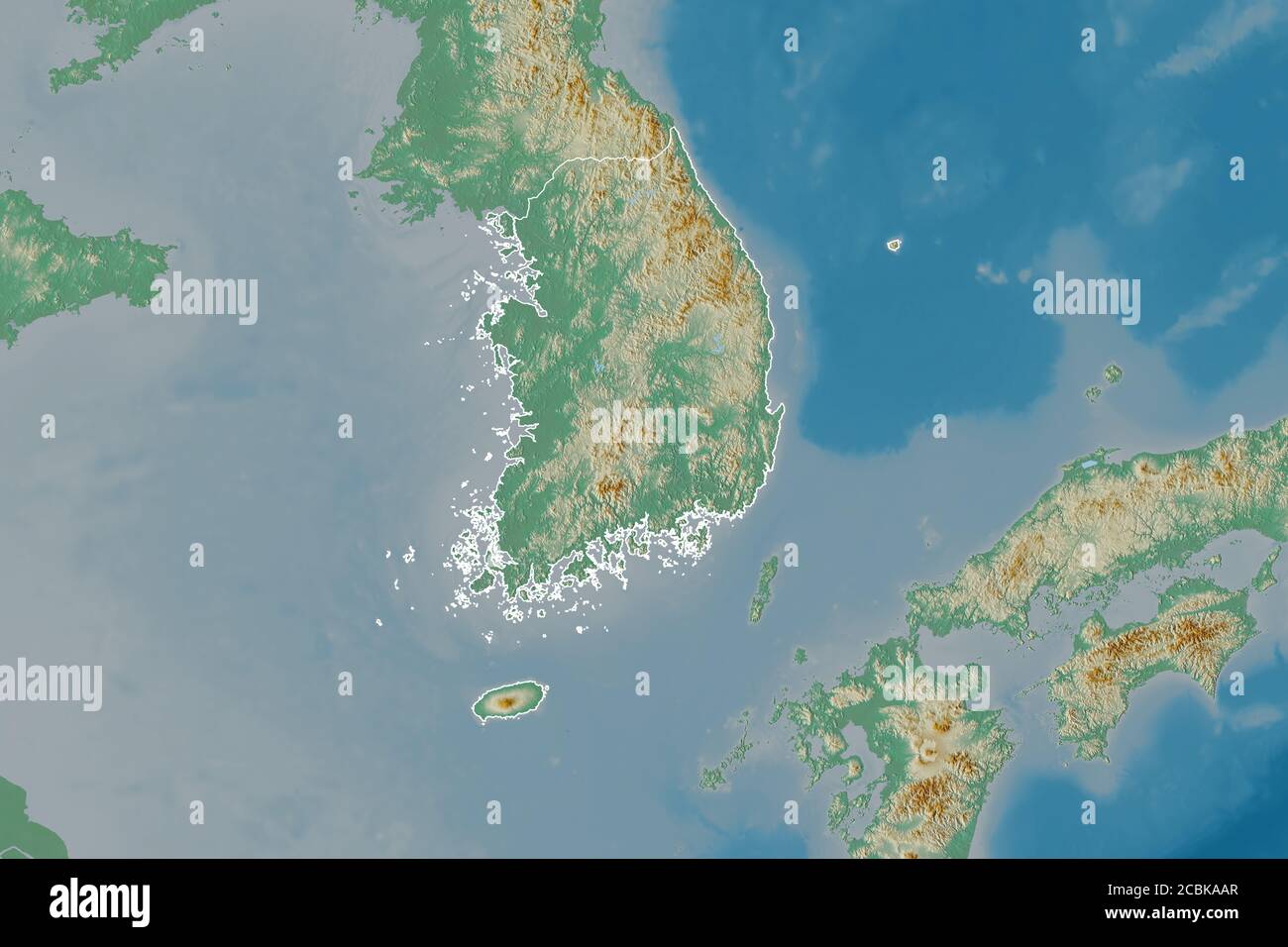 Extended area of outlined South Korea. Topographic relief map. 3D ...