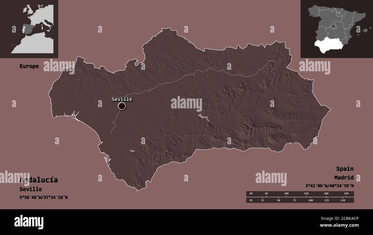 Shape of Andalucía, autonomous community of Spain, and its capital ...
