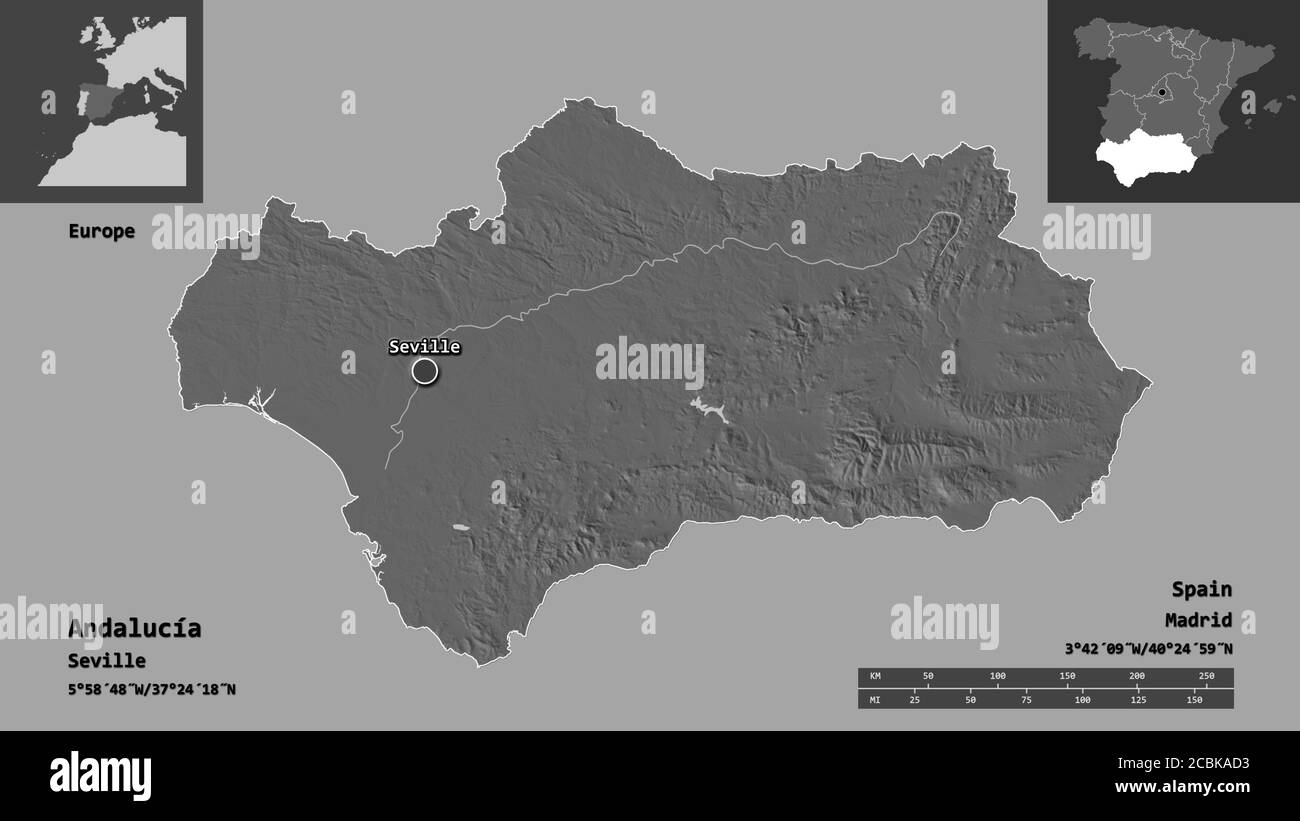 Shape of Andalucía, autonomous community of Spain, and its capital ...