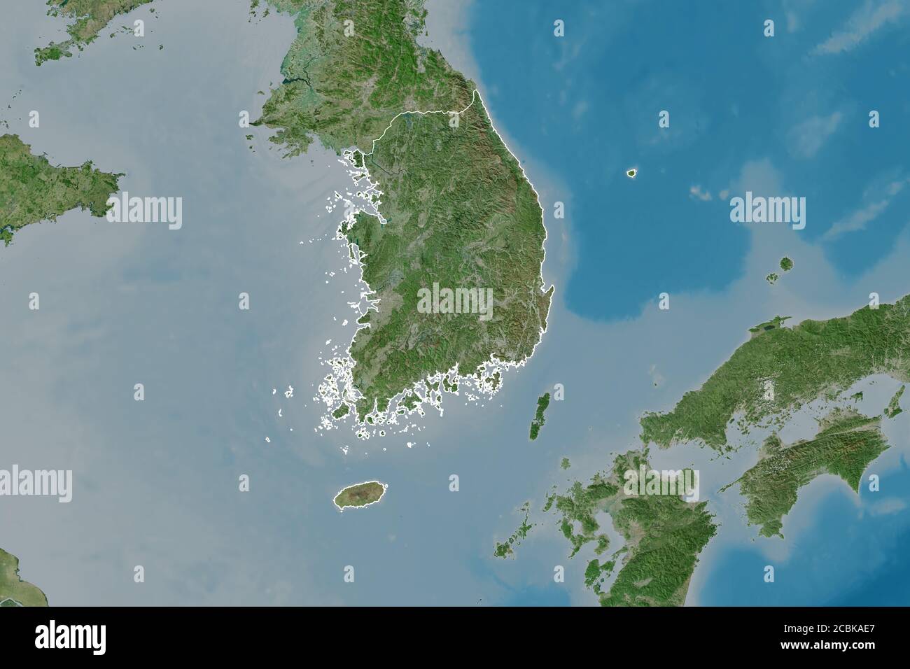 Extended area of outlined South Korea. Satellite imagery. 3D rendering ...