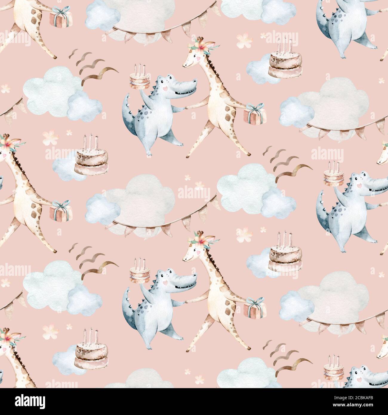 Watercolor seamless tropical pattern with dancing giraffe and crocodile ...