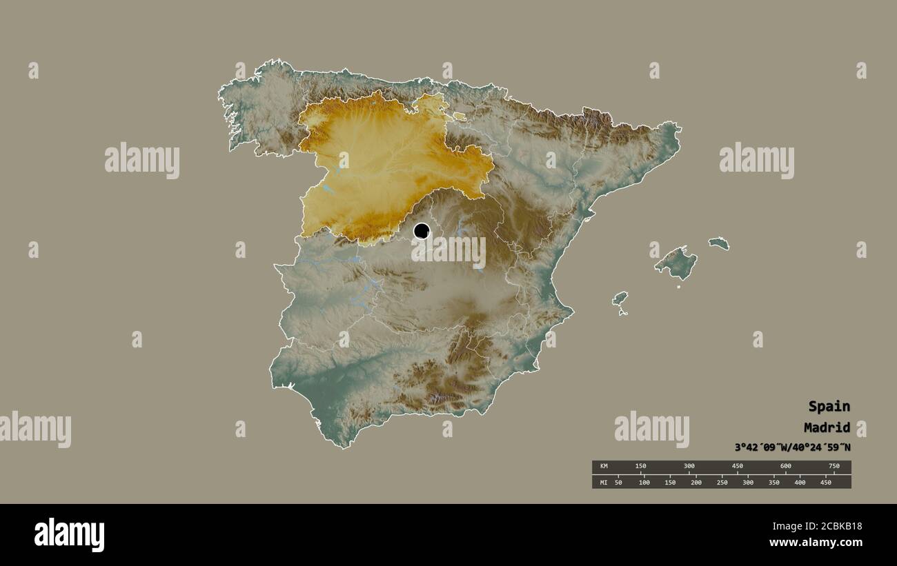 Desaturated shape of Spain with its capital, main regional division and ...