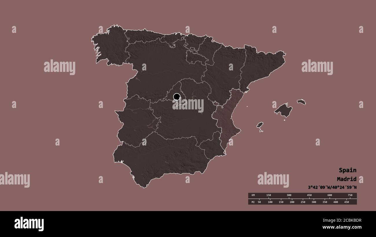 Desaturated shape of Spain with its capital, main regional division and ...