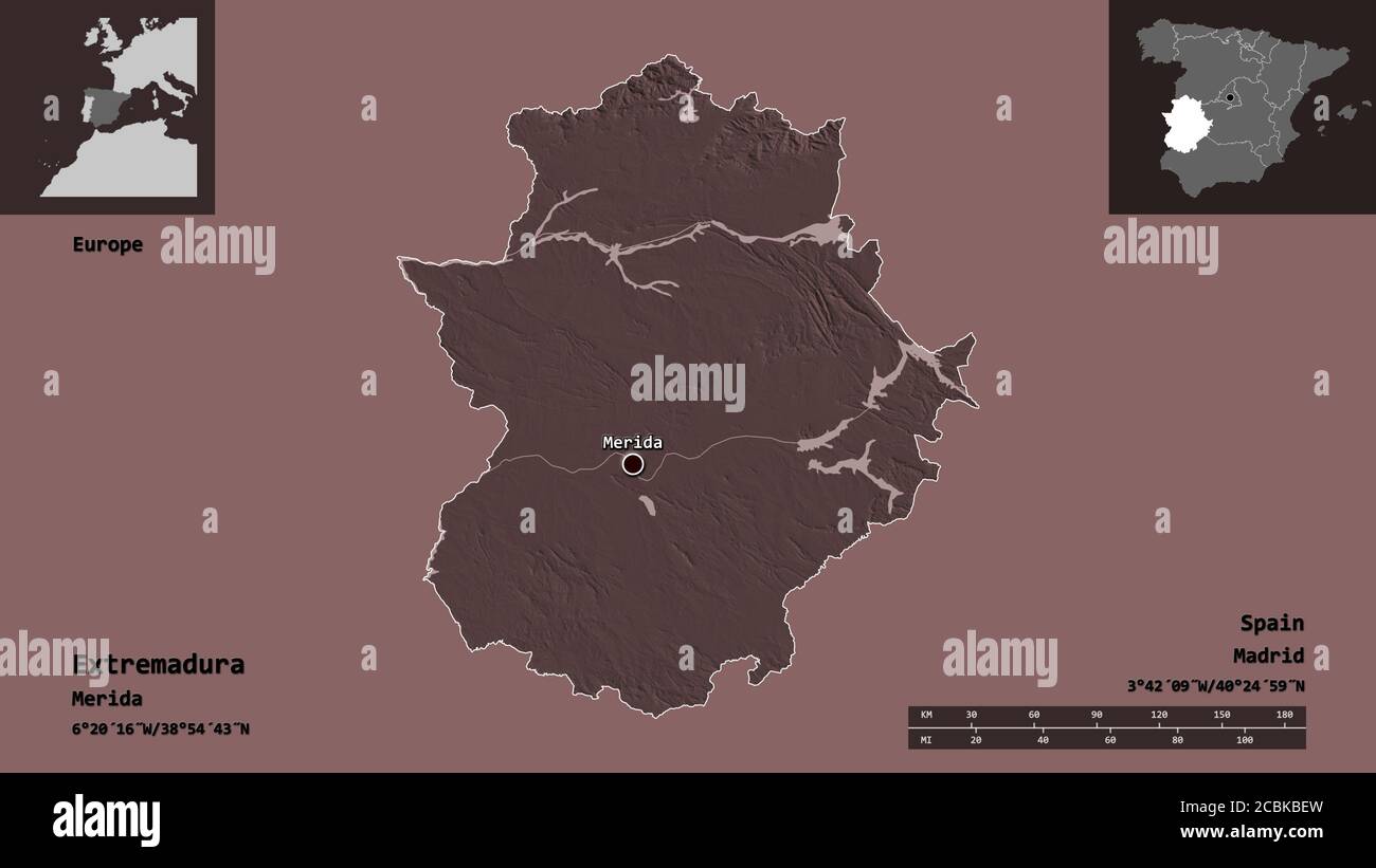 Shape of Extremadura, autonomous community of Spain, and its capital ...