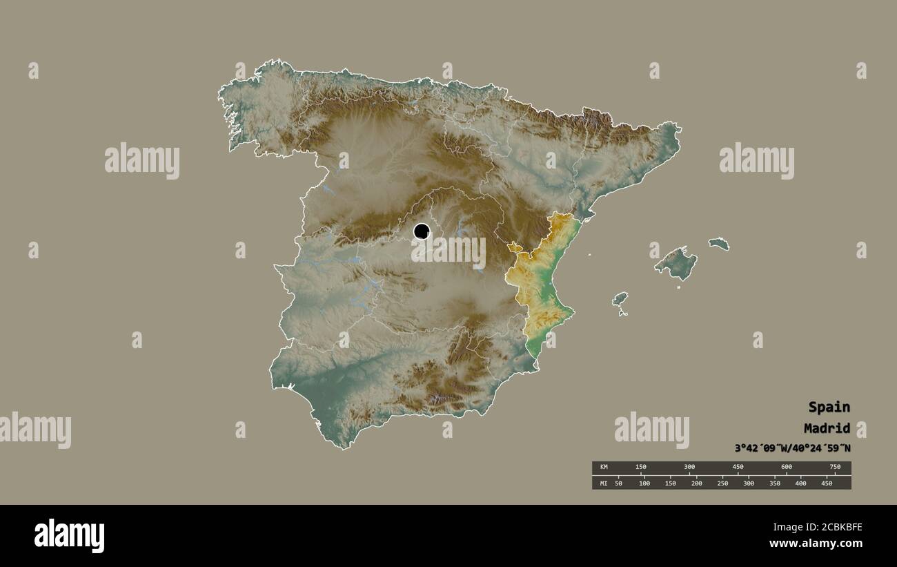 Desaturated shape of Spain with its capital, main regional division and ...