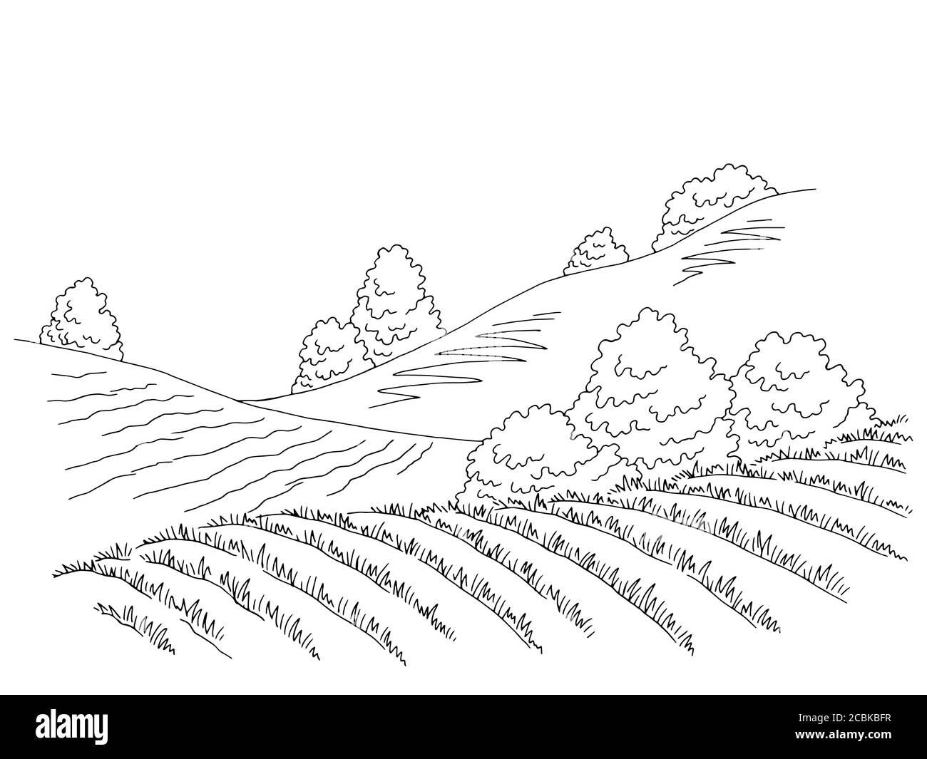 Field hill graphic black white landscape sketch illustration vector ...