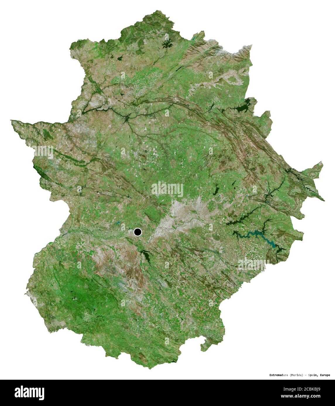 Shape of Extremadura, autonomous community of Spain, with its capital isolated on white ...