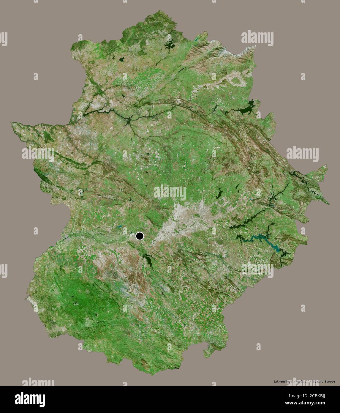 Shape of Extremadura, autonomous community of Spain, with its capital isolated on a solid color ...