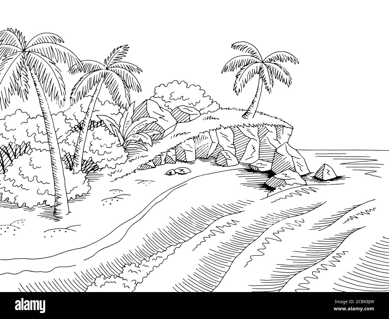 Sea coast graphic black white landscape sketch illustration vector ...