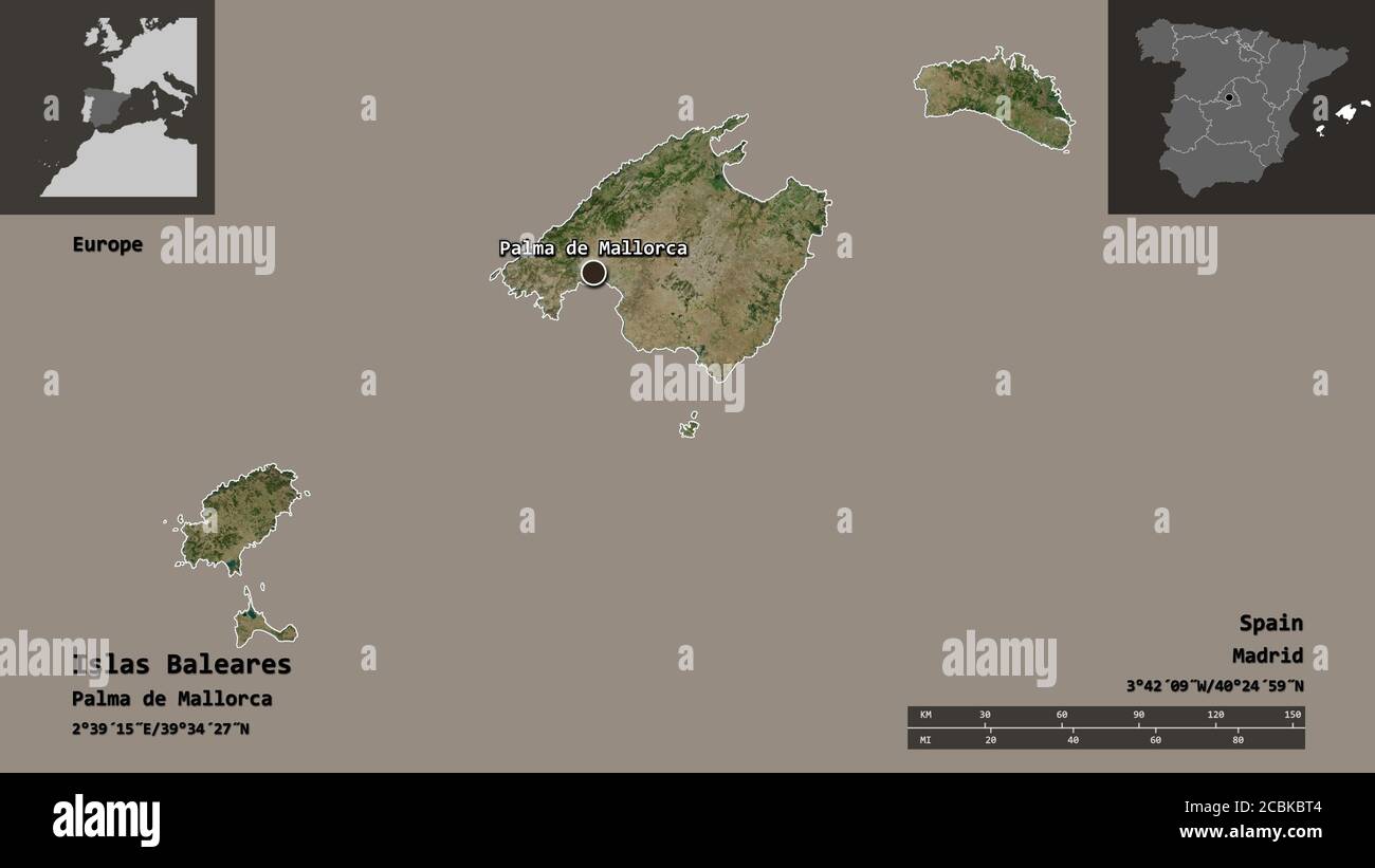 Shape of Islas Baleares, autonomous community of Spain, and its capital ...