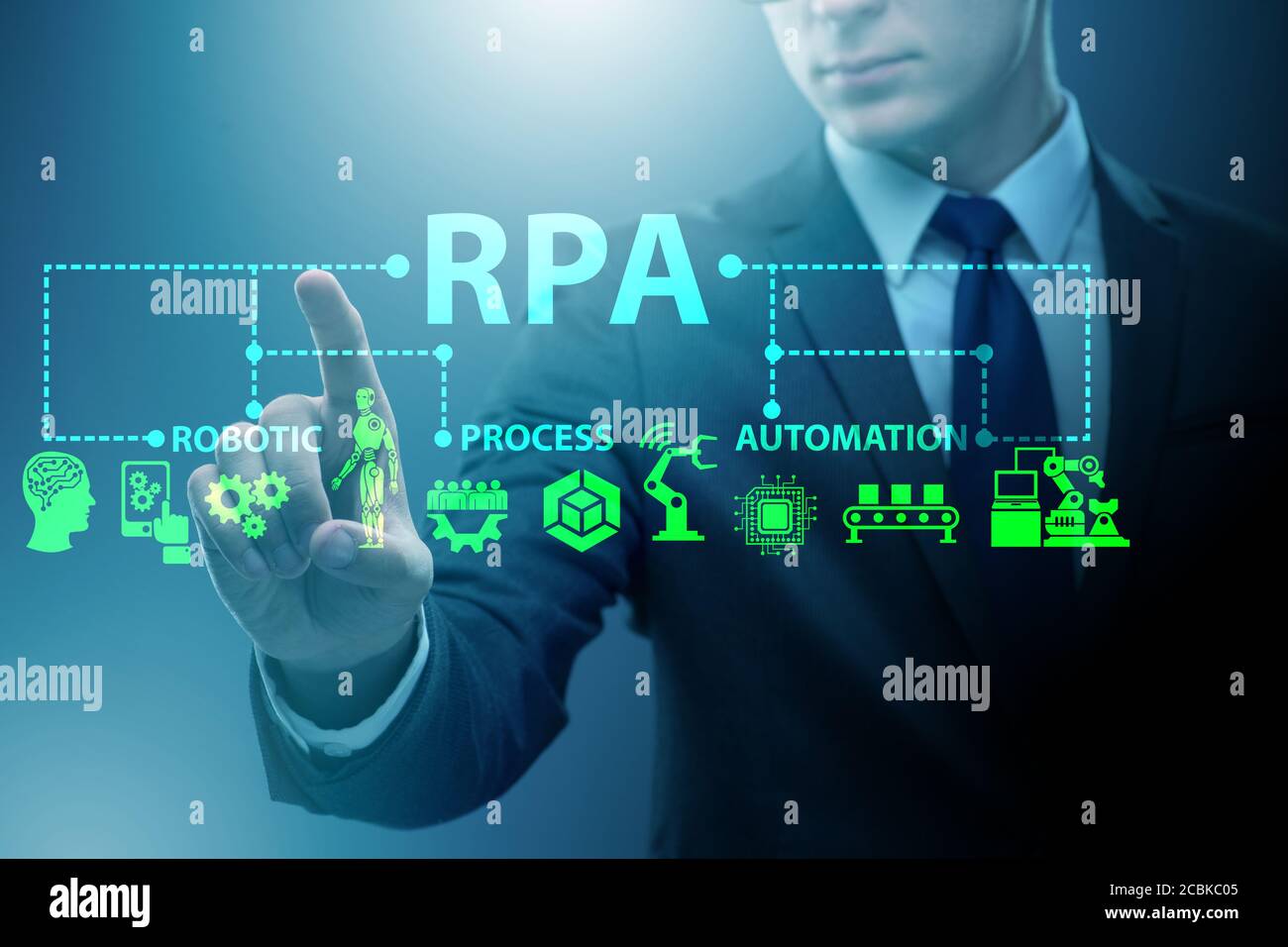 Businessman pressing buttons in the RPA concept Stock Photo - Alamy