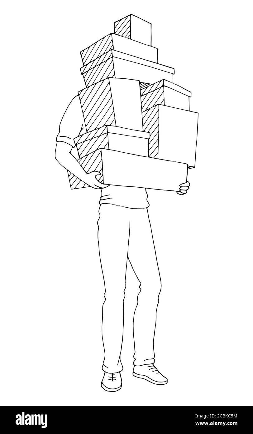 Man holding boxes graphic black white isolated sketch illustration ...