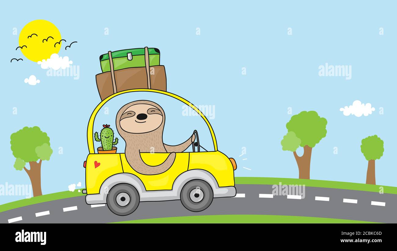 Cartoon sloth going on holidays with his cactus. He is driving really ...