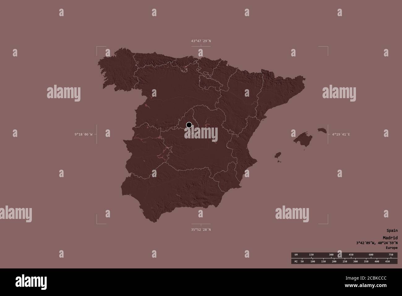Area of Spain isolated on a solid background in a georeferenced ...