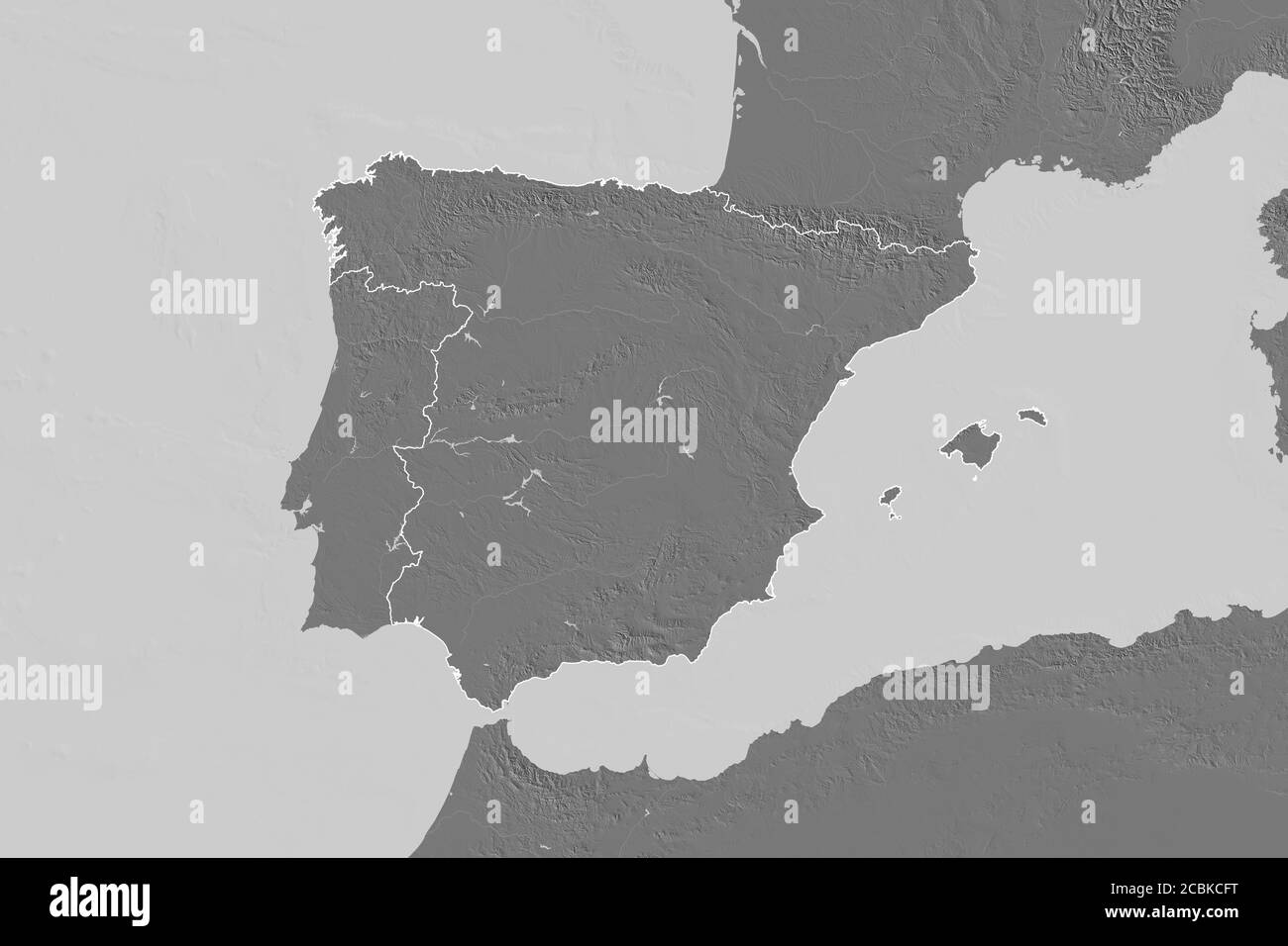 Extended area of outlined Spain. Bilevel elevation map. 3D rendering ...