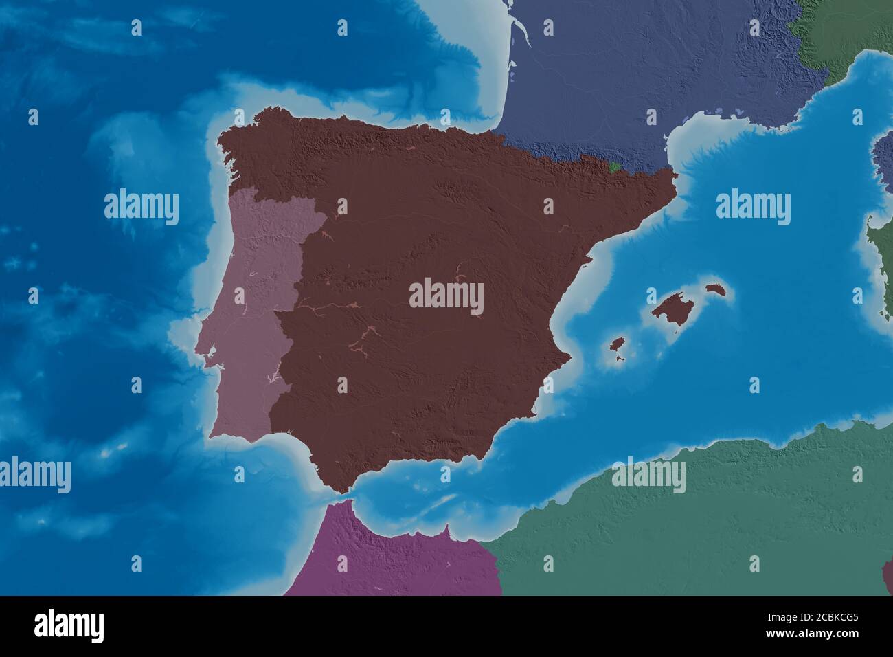 Extended area of Spain. Colored elevation map. 3D rendering Stock Photo ...