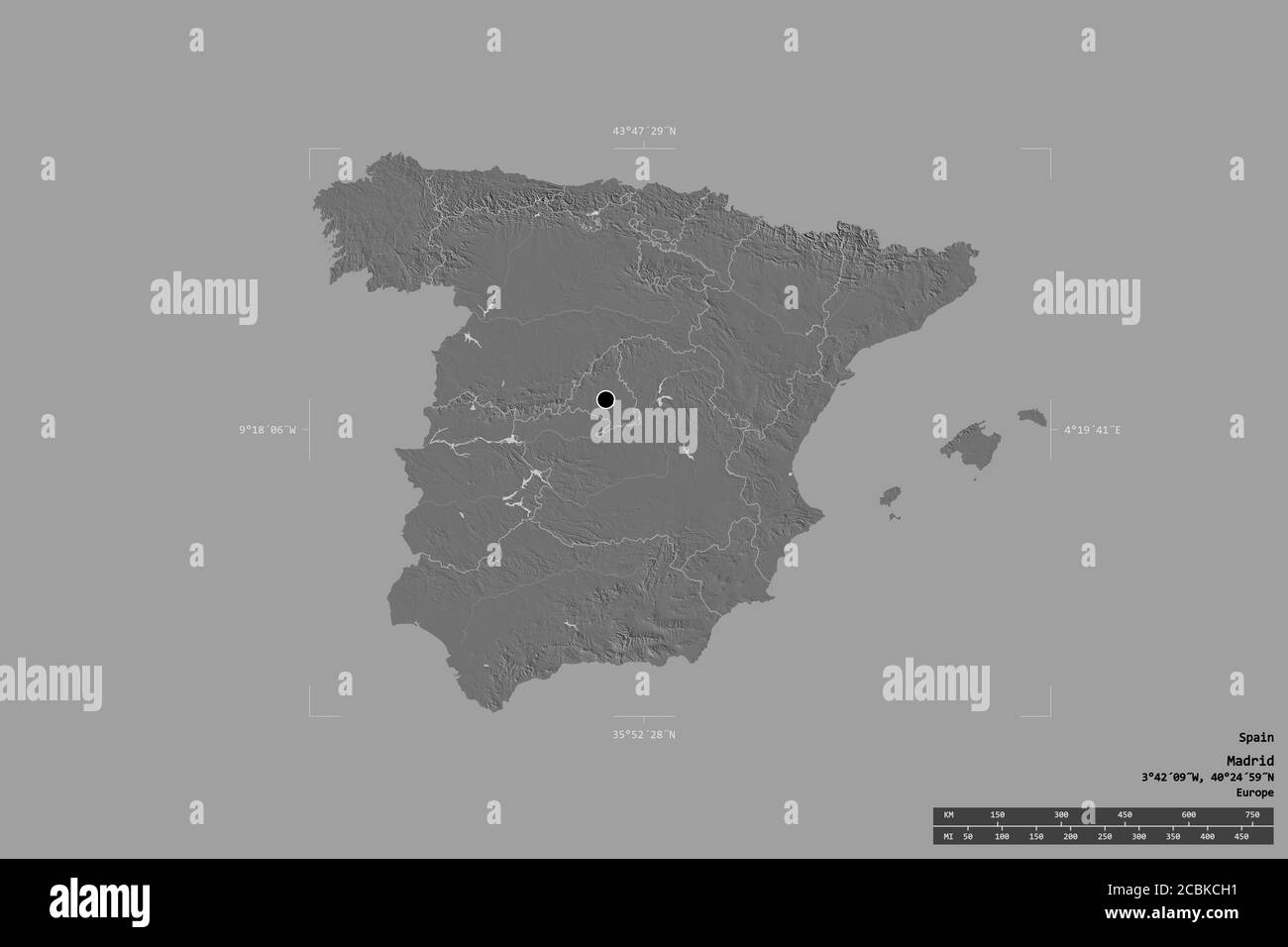 Area of Spain isolated on a solid background in a georeferenced ...
