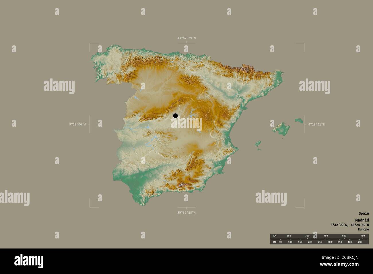 Area of Spain isolated on a solid background in a georeferenced ...