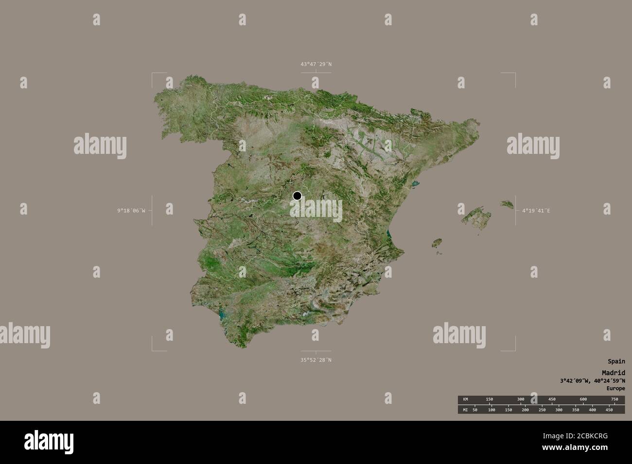 Area of Spain isolated on a solid background in a georeferenced ...