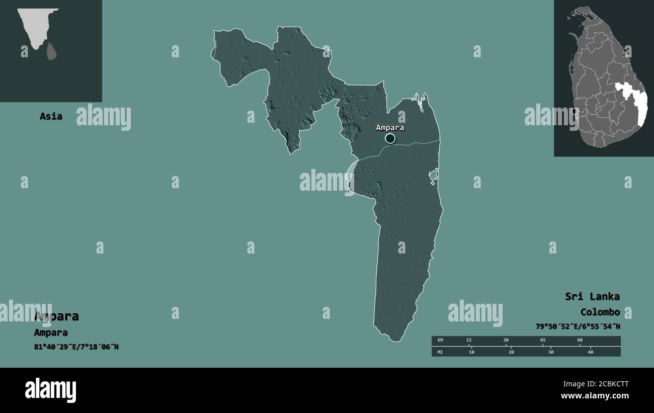 Shape of Ampara, district of Sri Lanka, and its capital. Distance scale ...