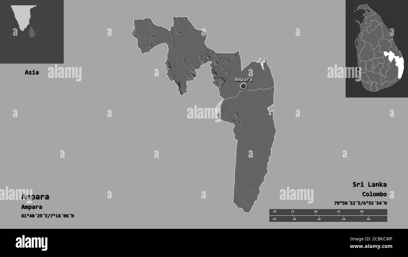 Shape of Ampara, district of Sri Lanka, and its capital. Distance scale ...